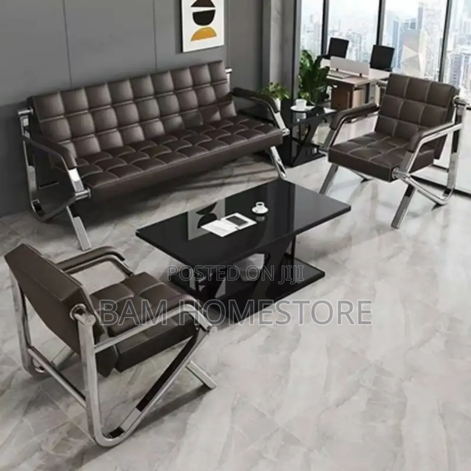 Executive Leather Office Sofa Set - Modern Chrome Waiting Area Chairs ...