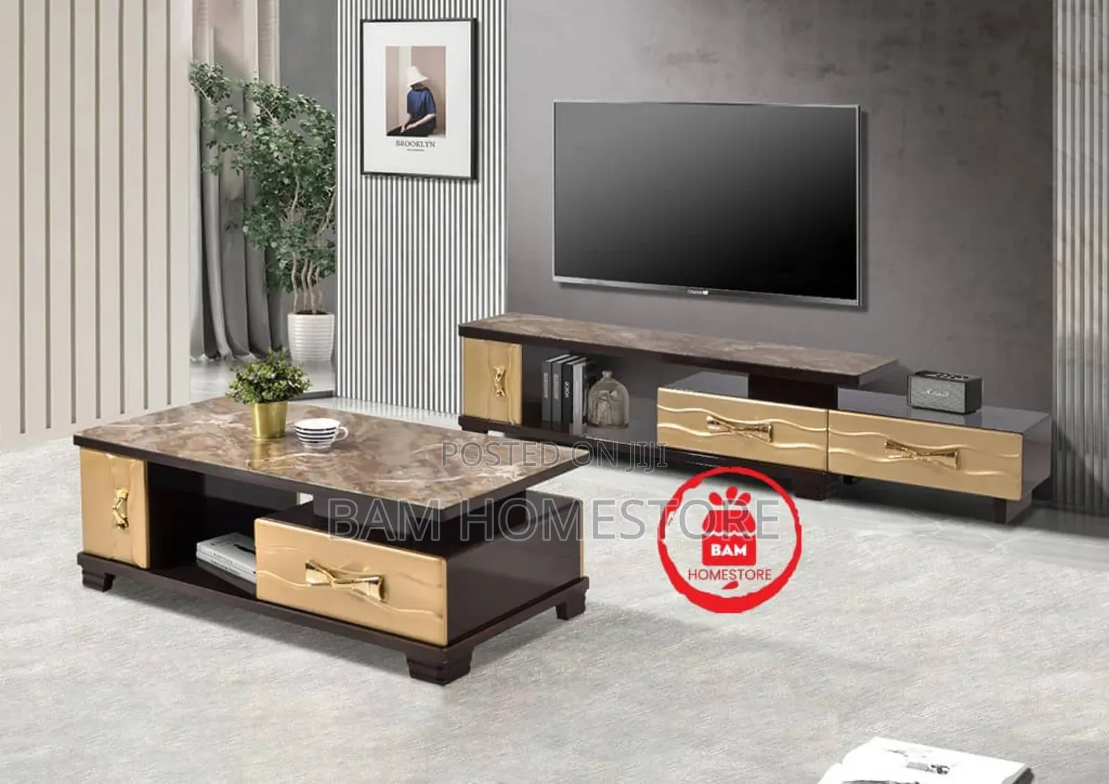 Modern Luxury Extendable Black Marble Tv Showcase Coffee Table Set in ...